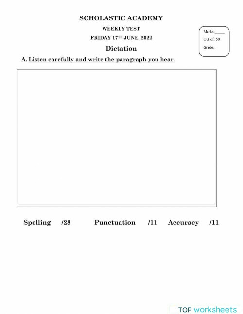 Dictation Weekly Test. Interactive worksheet | TopWorksheets