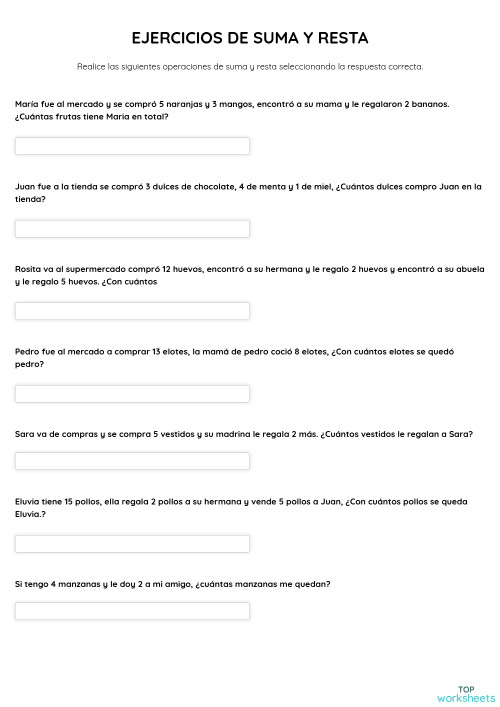 EJERCICIOS DE SUMA Y RESTA. Ficha interactiva | TopWorksheets