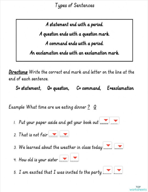 Types of Sentences: Dropdown #2. Interactive worksheet | TopWorksheets