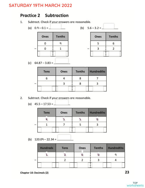 SUBTRACTION OF DECIMALS. Interactive worksheet | TopWorksheets