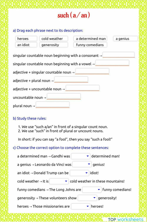 Such / such a. Interactive worksheet | TopWorksheets