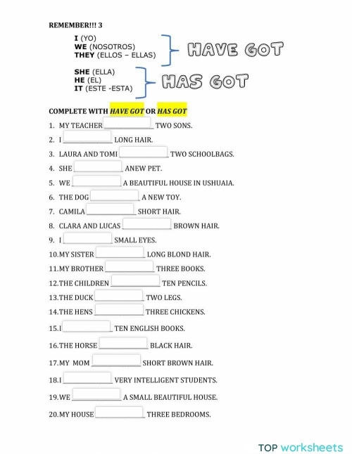Have - has got Complete 3. Interactive worksheet | TopWorksheets