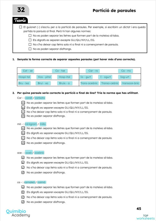 Partició de paraules. Fitxa interactiva | TopWorksheets