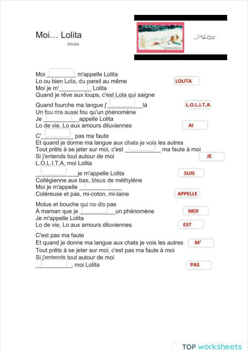 Moi... lolita. Fiche interactive | TopWorksheets