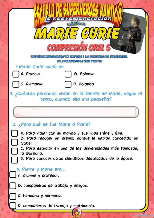 Comprensión oral "Marie Curie". Ficha interactiva | TopWorksheets