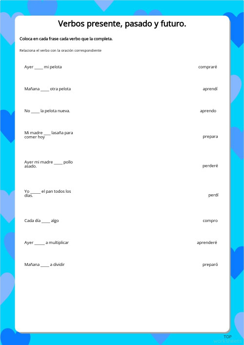 Verbos presente, pasado y futuro.. Ficha interactiva | TopWorksheets