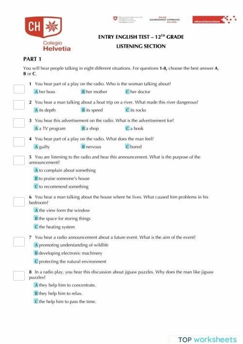 Entry Test - Listening Compr. (Grade 12). Interactive worksheet ...