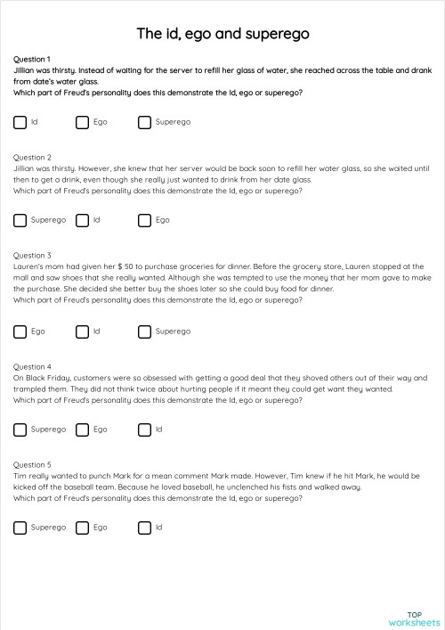 The id, ego and superego. Interactive worksheet | TopWorksheets