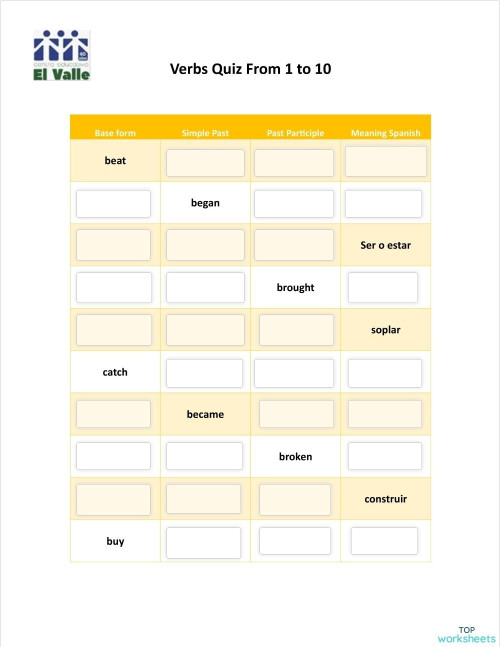 Verbs Quiz 1-10. Interactive worksheet | TopWorksheets
