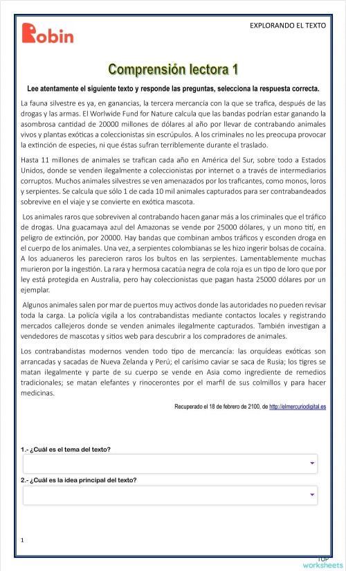 Comprensión lectora 1. Ficha interactiva | TopWorksheets
