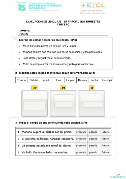 Evaluación de Lengua y Literatura de tercero 1° parcial 2° trimestre ...