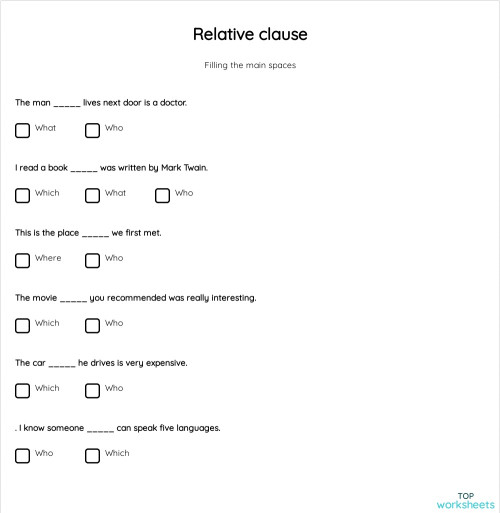 Relative clause. Interactive worksheet | TopWorksheets