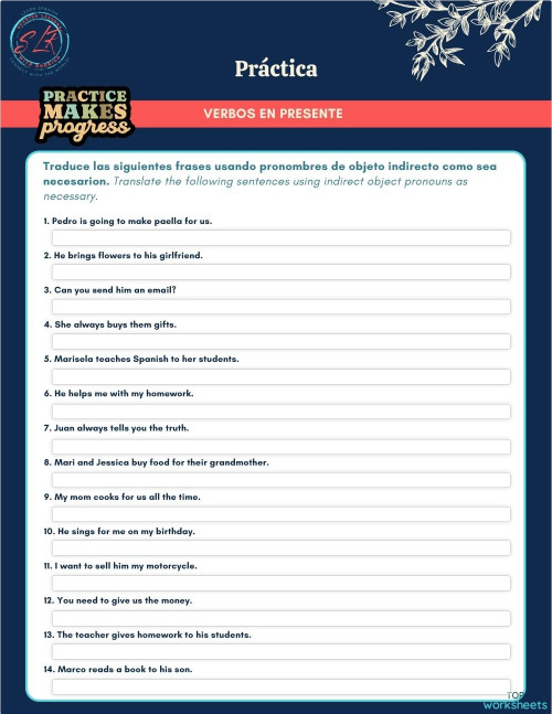 Objeto Indirecto (Ejercicio - Traducciones). Ficha interactiva ...