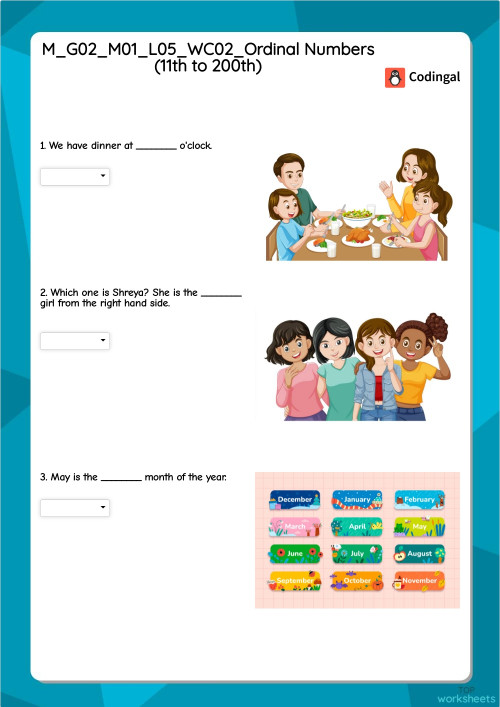 M_G02_M01_L05_WC02_Ordinal Numbers (11th to 200th). Interactive worksheet | TopWorksheets