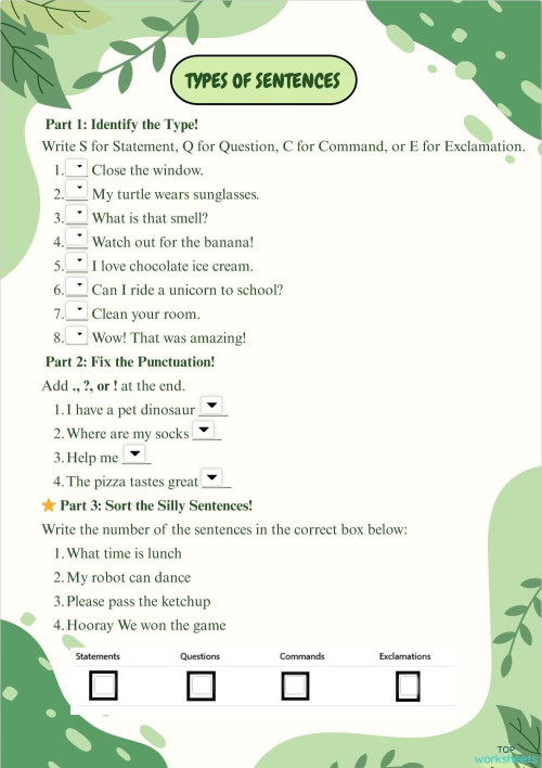 Types of sentences. Practice 4th graders. Interactive worksheet ...
