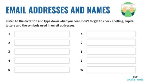 Dictation - Email addresses and names. Interactive worksheet ...