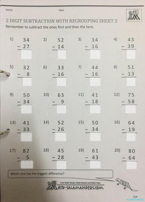 2 DIGIT SUBTRACTION WITH REGROUPING SHEET 2&3. Interactive worksheet | TopWorksheets