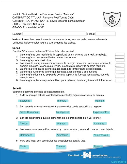 Materia y energía: fichas interactivas y ejercicios online | TopWorksheets