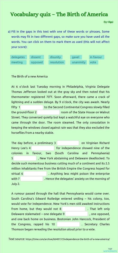 Vocabulary quiz – The Birth of America (by Olga). Interactive worksheet ...