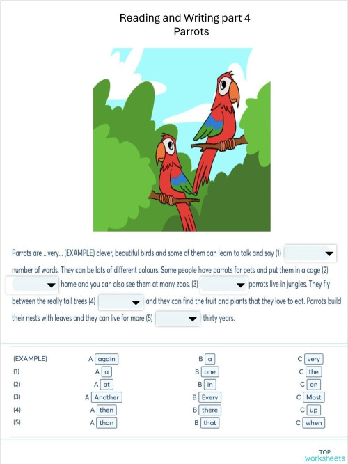 p. 4 Parrots reading. Interactive worksheet | TopWorksheets