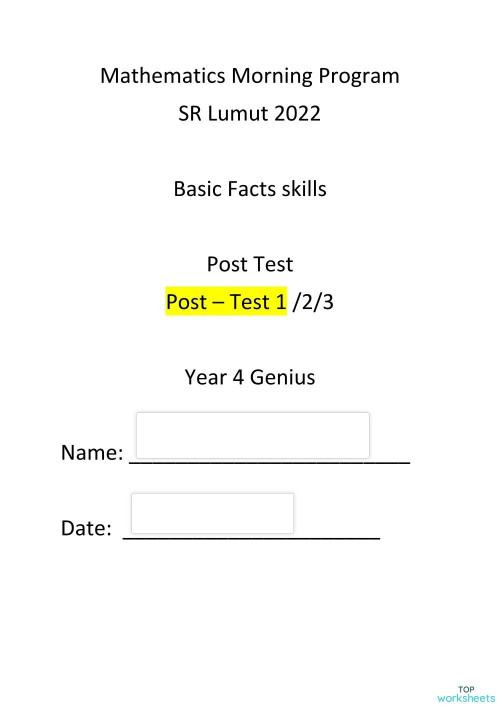 Post Test 1 Basic Facts Year 4. Interactive worksheet | TopWorksheets