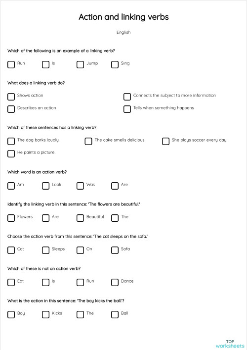 Action and linking verbs. Interactive worksheet | TopWorksheets