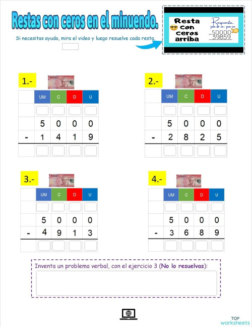Restando con ceros, en el minuendo 03. Ficha interactiva | TopWorksheets