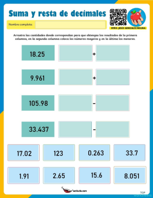 Suma y resta de decimales. Ficha interactiva | TopWorksheets