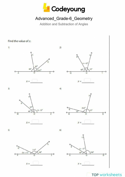 Addition and Subtraction of Angles Advanced. Interactive worksheet ...