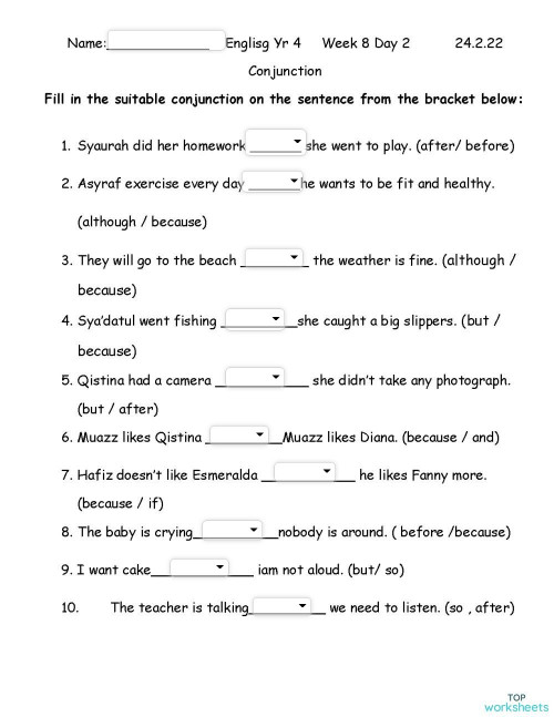 English W8 D2 Conjunction. Interactive worksheet | TopWorksheets