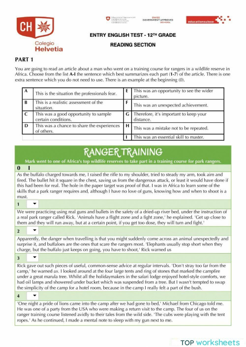 Entry Test - Reading Compr. (Grade 12). Interactive worksheet ...