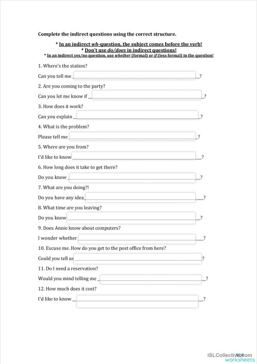 FCE1 - Indirect Questions. Interactive worksheet | TopWorksheets
