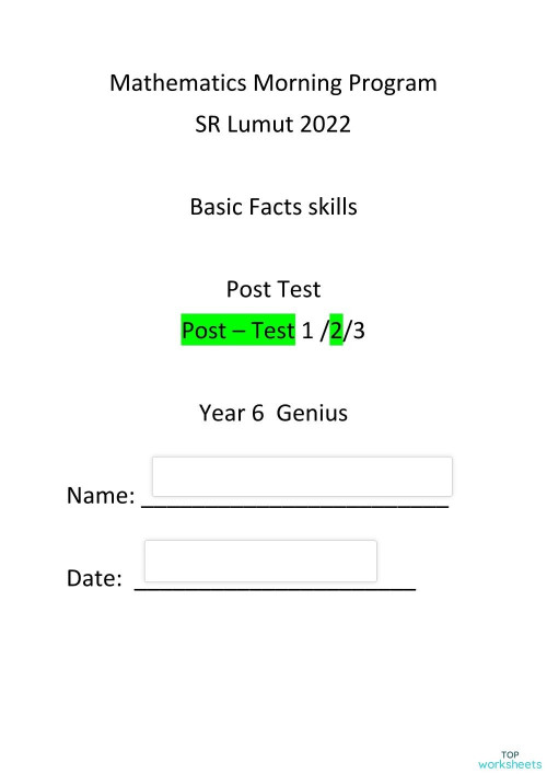 Post- Test 2 Basic Facts Stage 5 - 8 (Year 6 Genius). Interactive ...