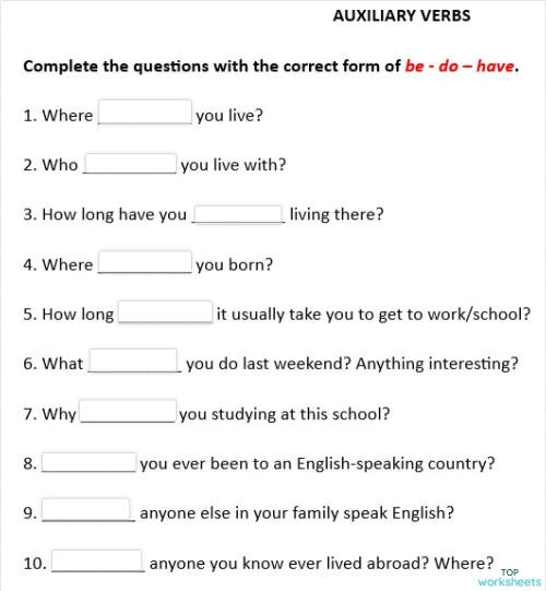 AUXILIARY VERBS. Interactive worksheet | TopWorksheets