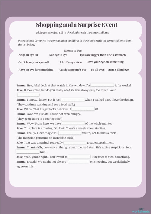 Short Dialogue Using Eye-Related Idioms/Fill in the Blanks. Interactive ...