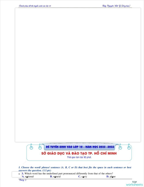 Đề thi vào 10 Hồ Chí Minh 2022-2023. Interactive worksheet | TopWorksheets