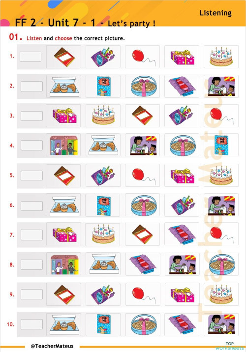 FF 2 - Unit 07 - 01 - Let's party ! - Listening. Interactive worksheet | TopWorksheets