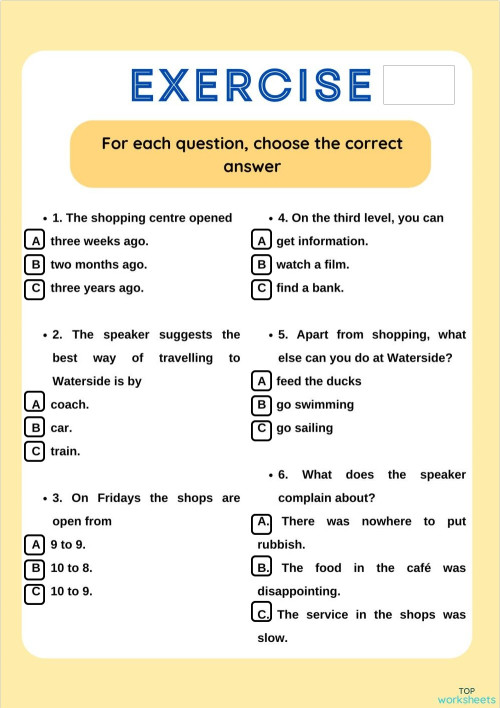 LISTENING PRACTICE: a shopping centre.. Bài tập tương tác | TopWorksheets