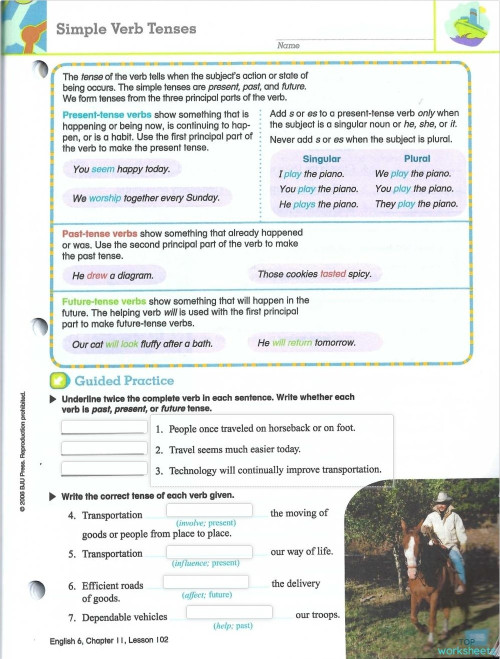 Lesson 102: Simple Verb Tenses Pg 199. Interactive worksheet ...