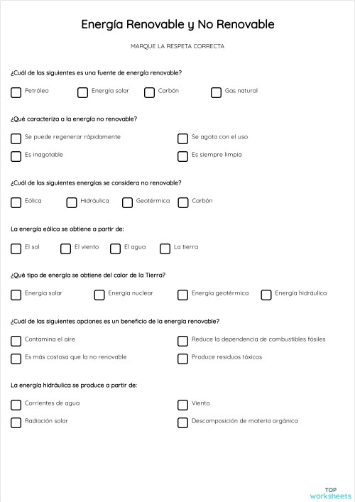 Energía Renovable y No Renovable. Ficha interactiva | TopWorksheets