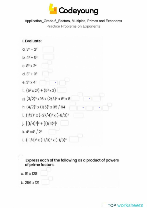 Practice Problems on Exponents Application. Interactive worksheet ...