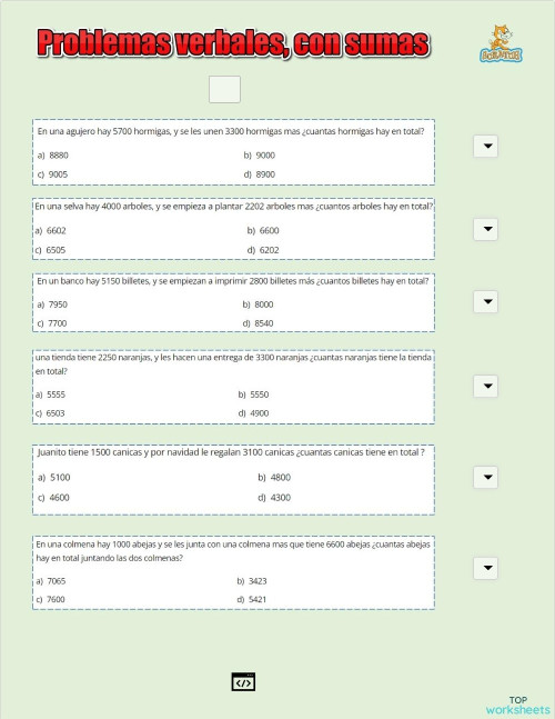 Problemas verbales 05. Ficha interactiva | TopWorksheets