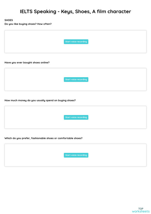 IELTS Speaking - Keys, Shoes, A film character. Interactive worksheet ...