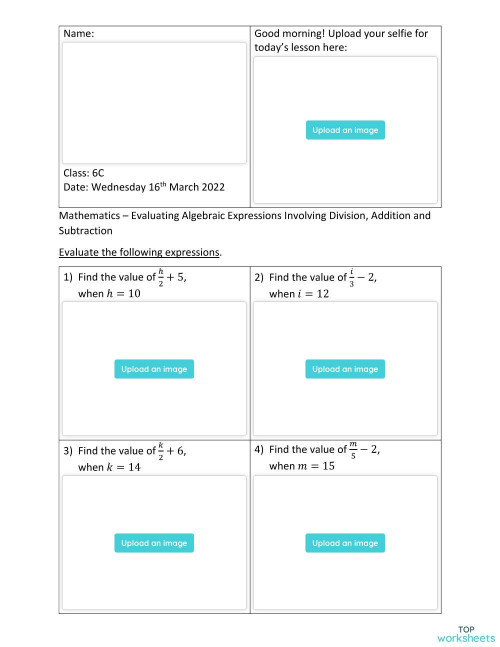 Evaluate Algebraic Expressions Involving Division, Addition and ...
