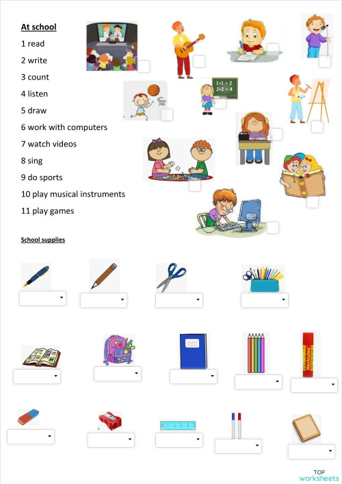 At school - school supplies and activities. Interactive worksheet | TopWorksheets