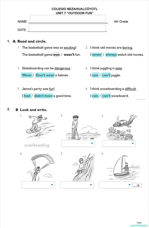 4TH GRADE UNIT 7 EXAM. Ficha interactiva | TopWorksheets