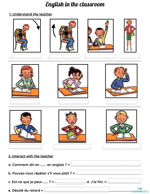 1- English in the classroom. Fiche interactive | TopWorksheets