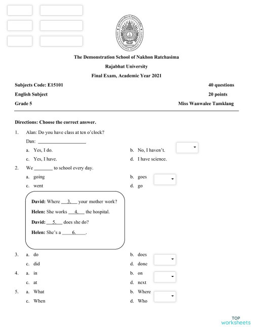 P5_English_Test. Interactive worksheet | TopWorksheets