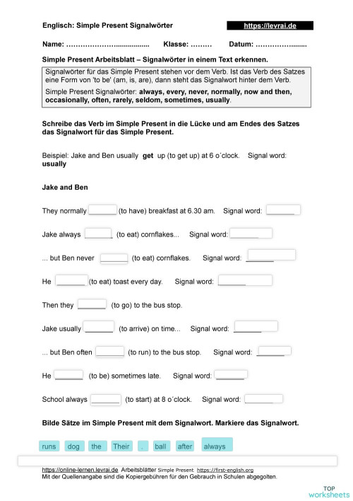 signal words english simple present. Interaktives Arbeitsblatt ...