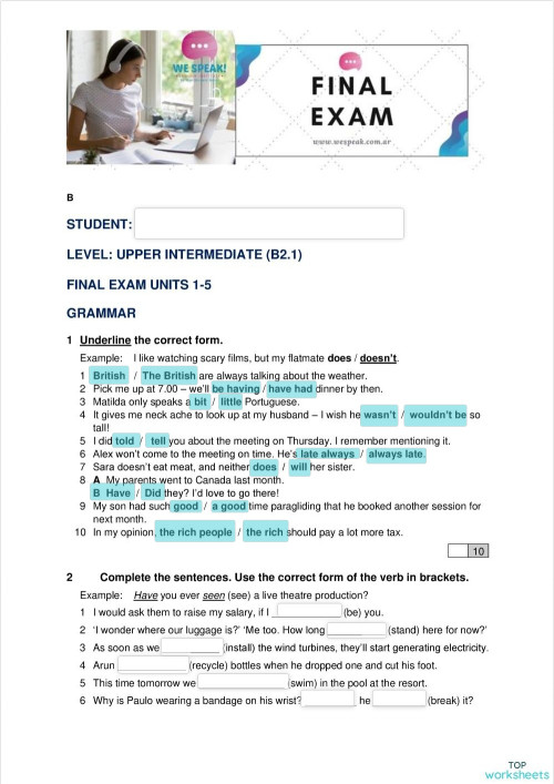 Final Exam b Upper Intermediate. Interactive worksheet | TopWorksheets
